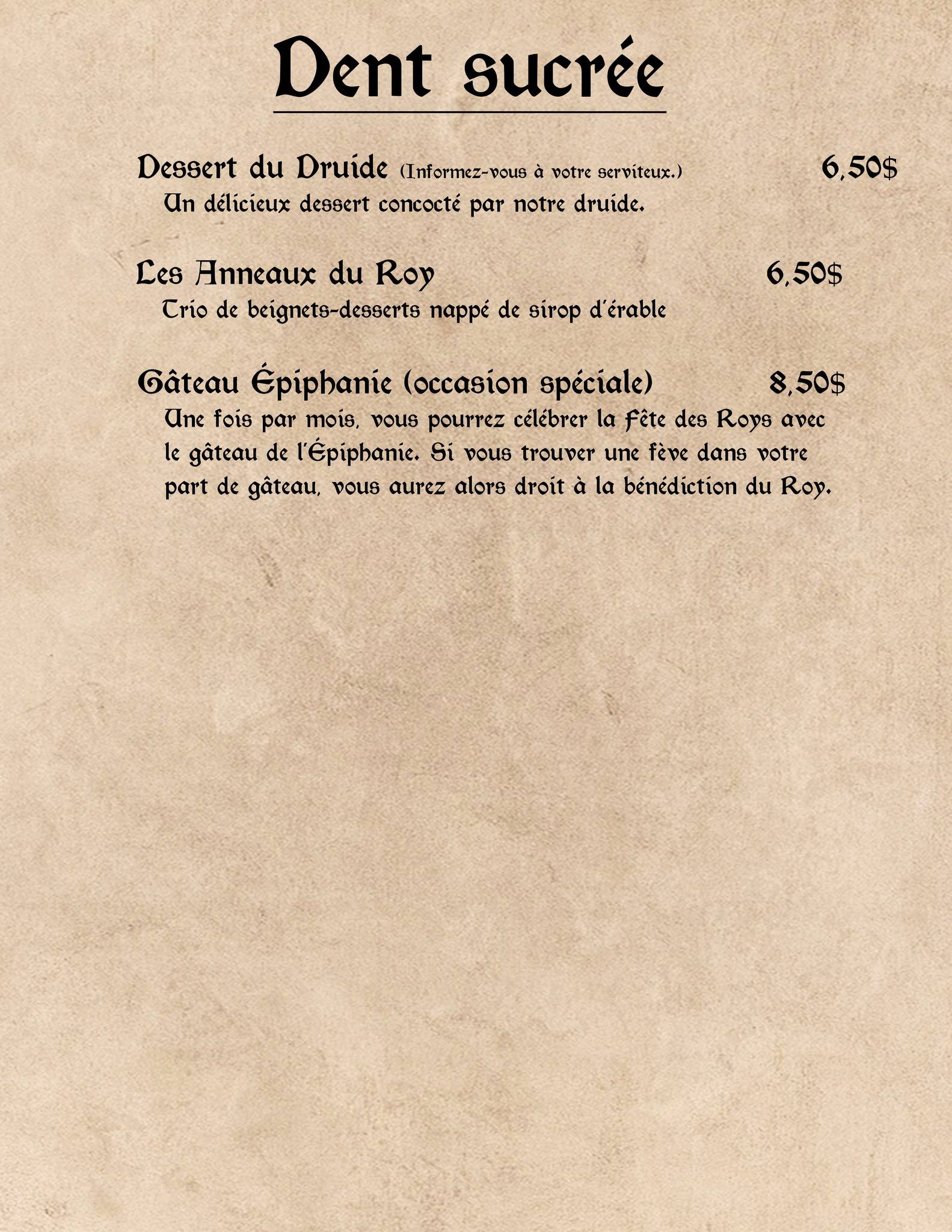 Menu au Sanglier Doré restaurant, Sherbrooke