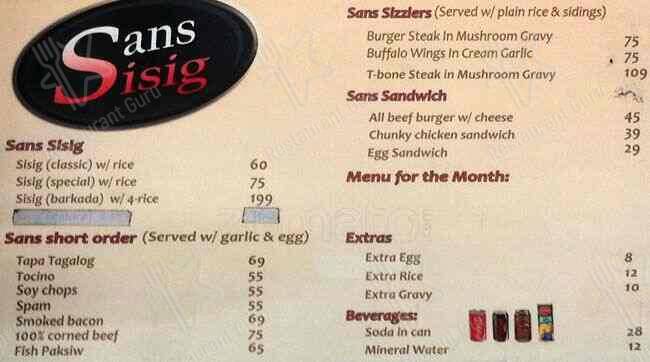 Menu at Sans Sisig restaurant, Mandaluyong