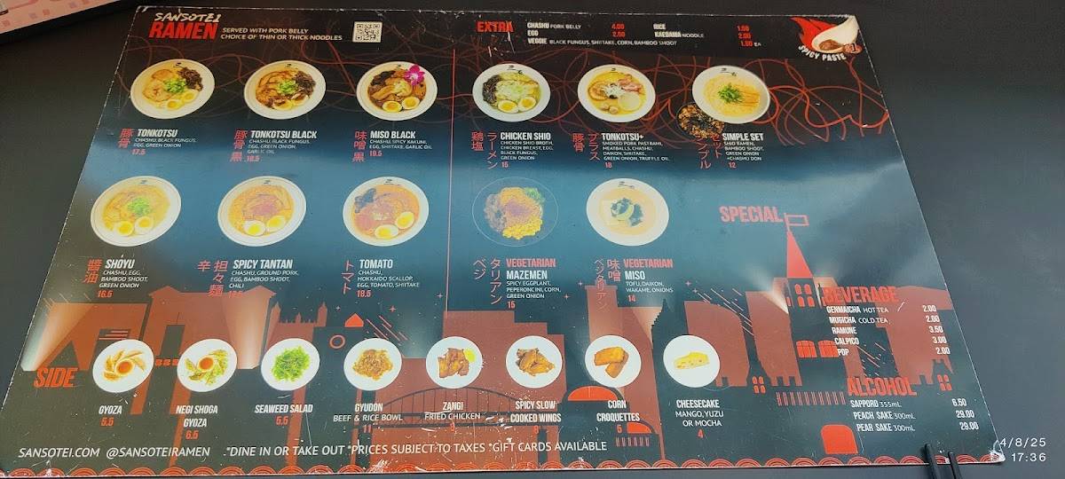 Menu at Sansotei Ramen restaurant, Ottawa, Merivale Rd