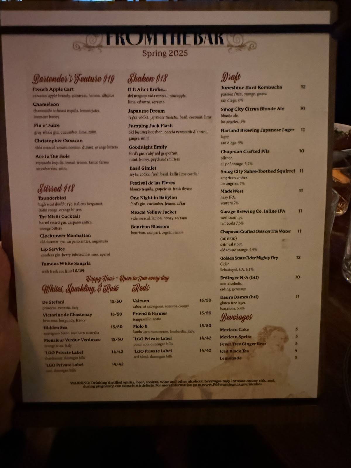 Menu at The Misfit Bar & Restaurant, Santa Monica