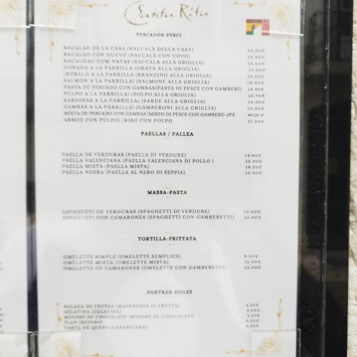 Carta del restaurante Santa Rita, Lisboa