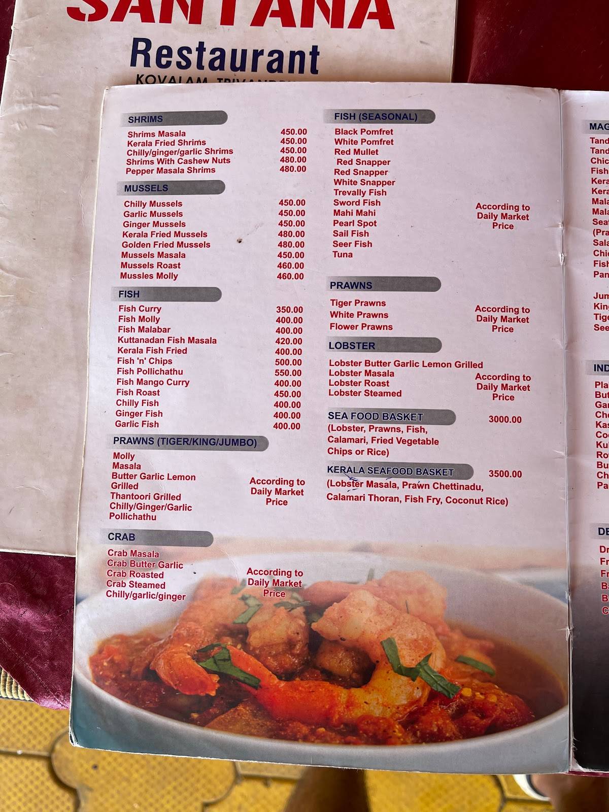 Menu at Santana Restaurant, Kovalam