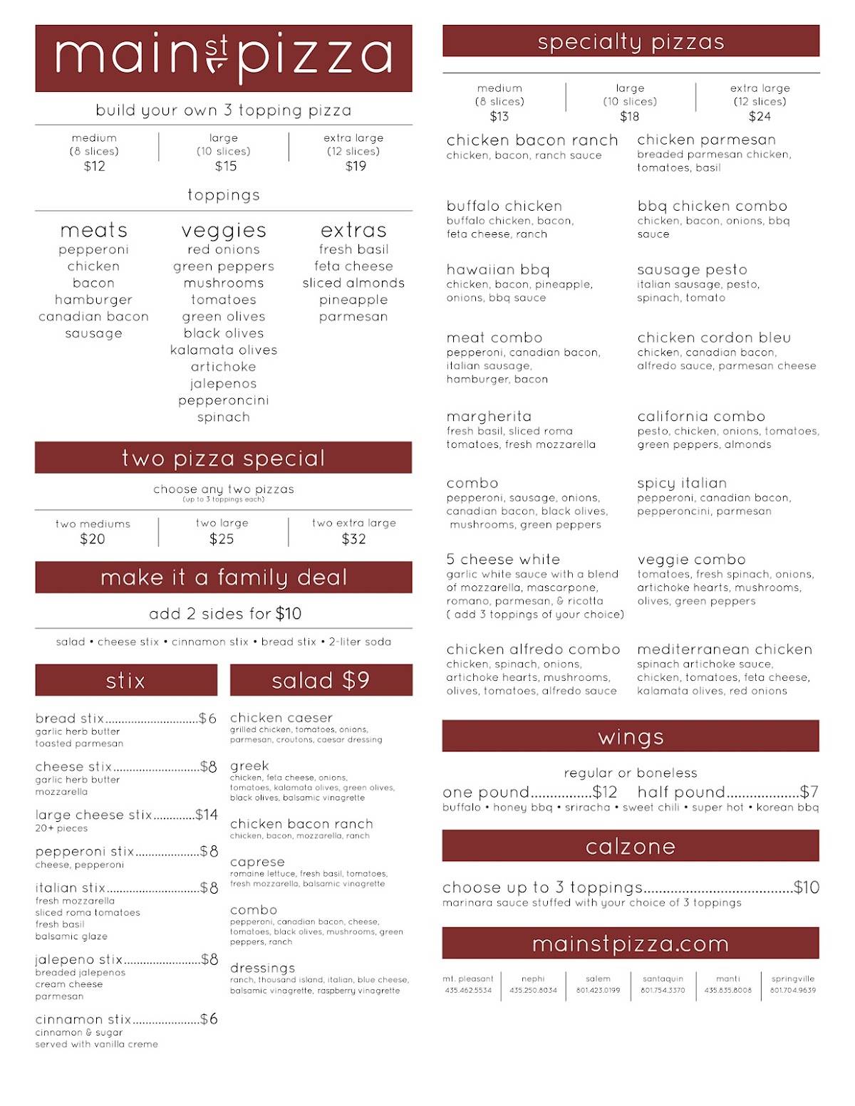 Menu at Santaquin Main Street Pizza pizzeria, Santaquin, 252 W Main St