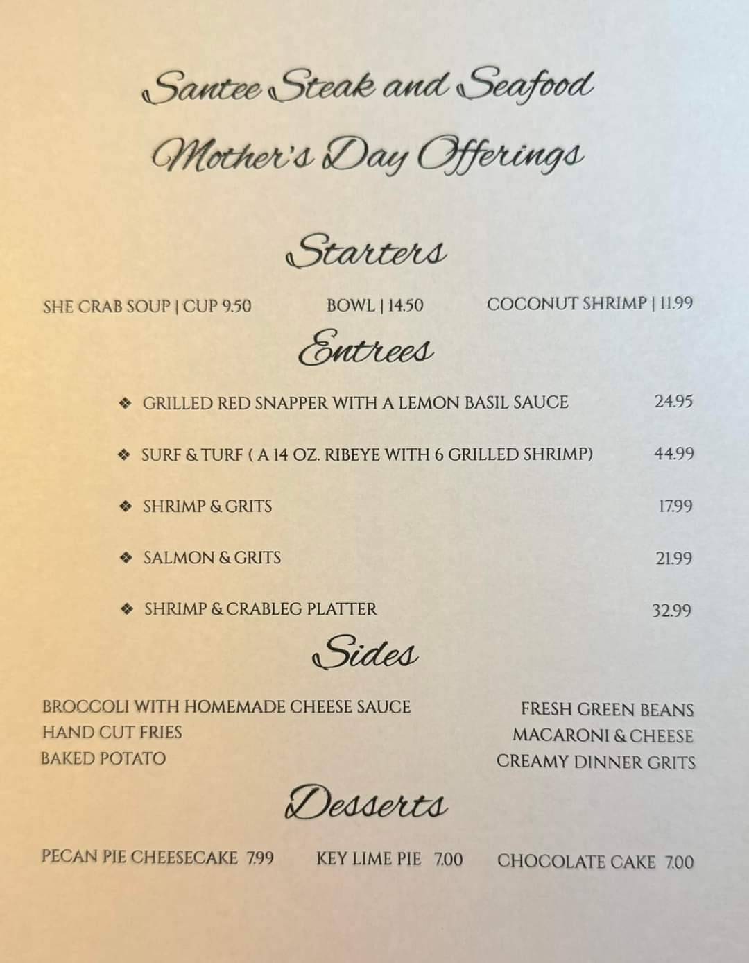 Menu at Santee Steak & Seafood Restaurant, Santee