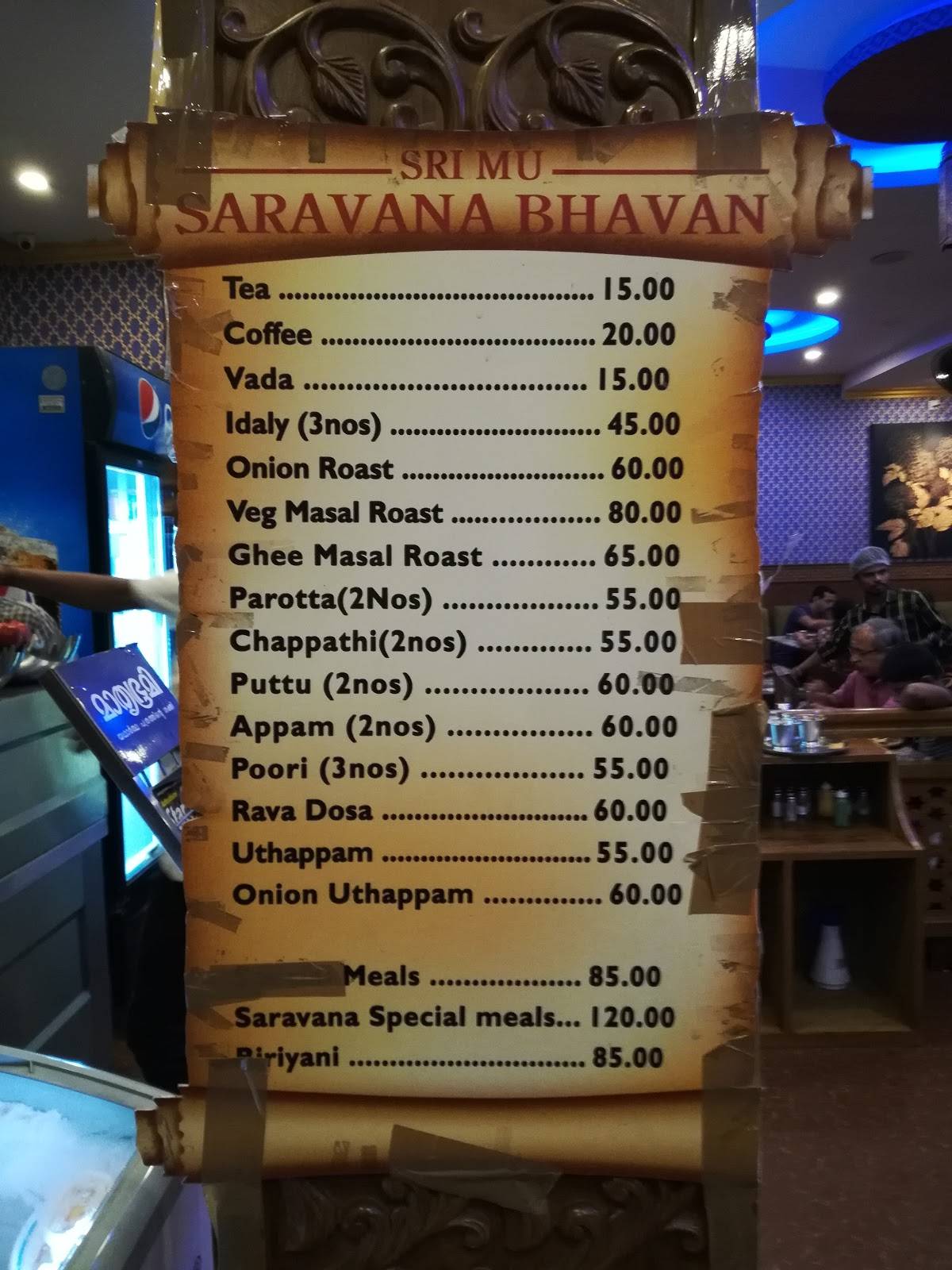 Menu at Saravana Bhavan, Kochi, Kadathukulam Buildings