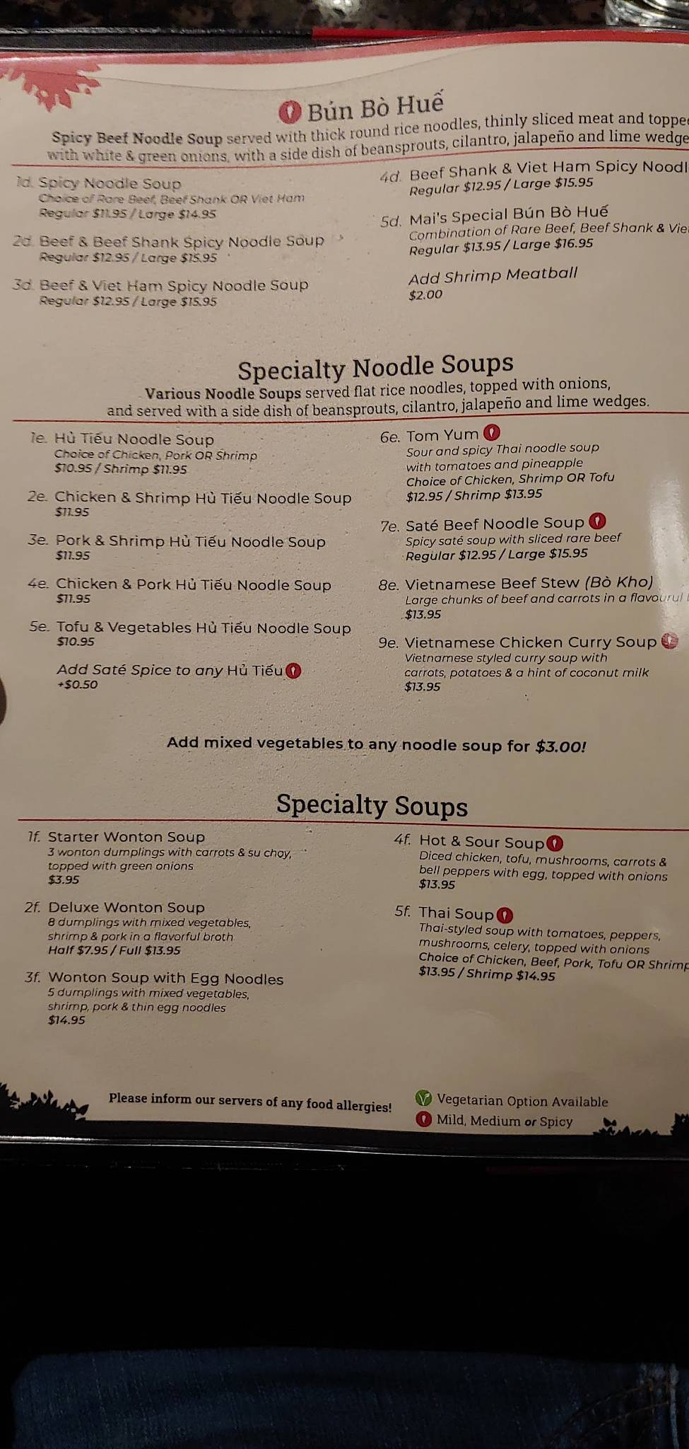 Menu at Mai's Kitchen Vietnamese Cuisine restaurant, Saskatoon