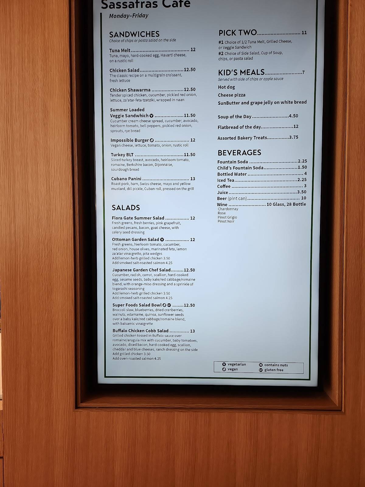 Menu at Sassafras restaurant, St. Louis