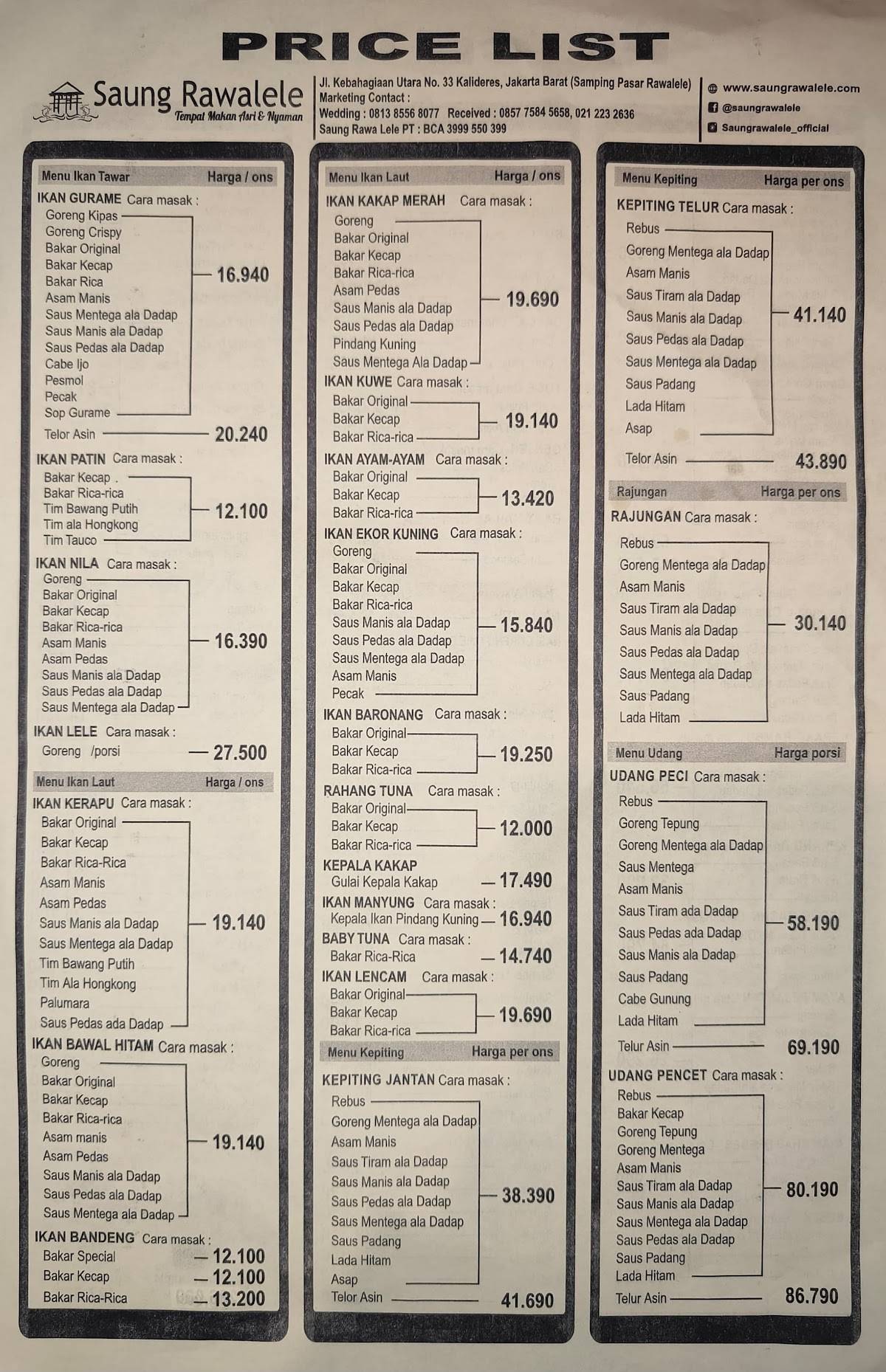 Menu at Saung Rawa Lele restaurant, Tangerang, Jl. Kebahagiaan Utara No.33