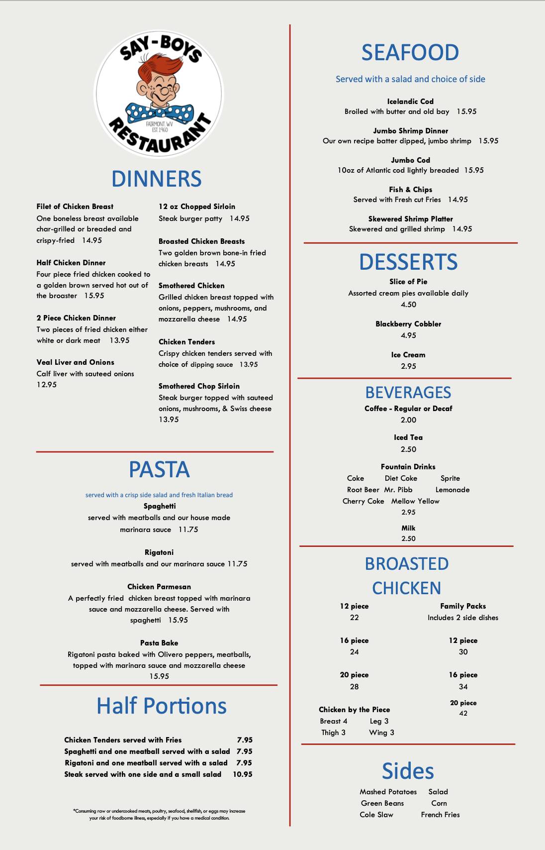 Menu at Say-Boy Restaurant, Fairmont