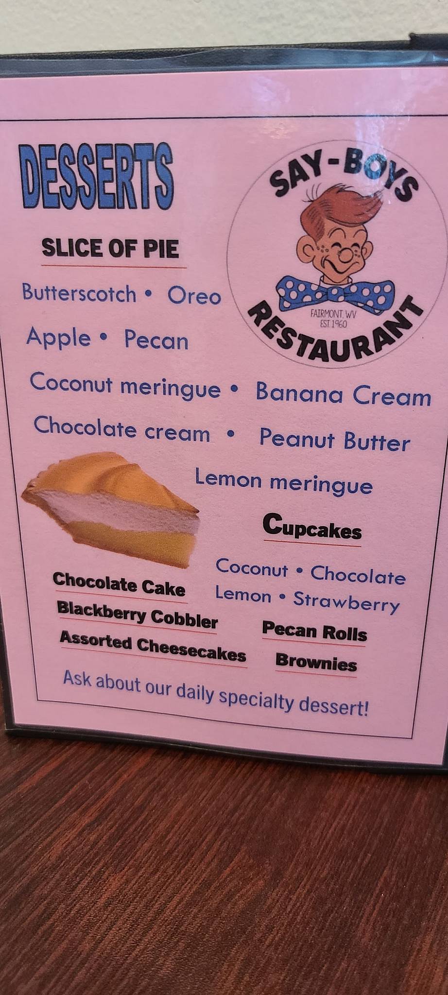 Menu at Say-Boy Restaurant, Fairmont