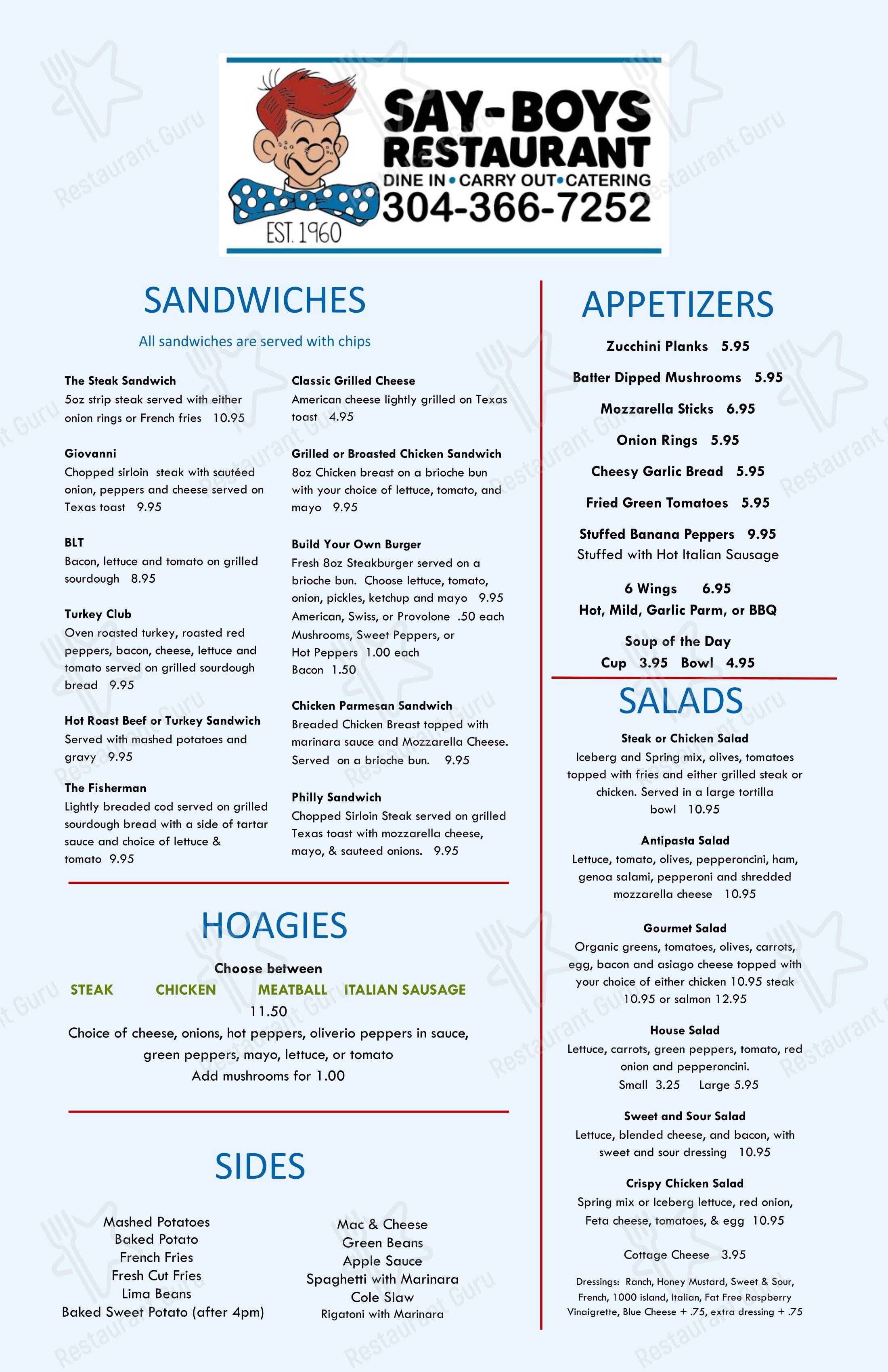 Menu at Say-Boy Restaurant, Fairmont