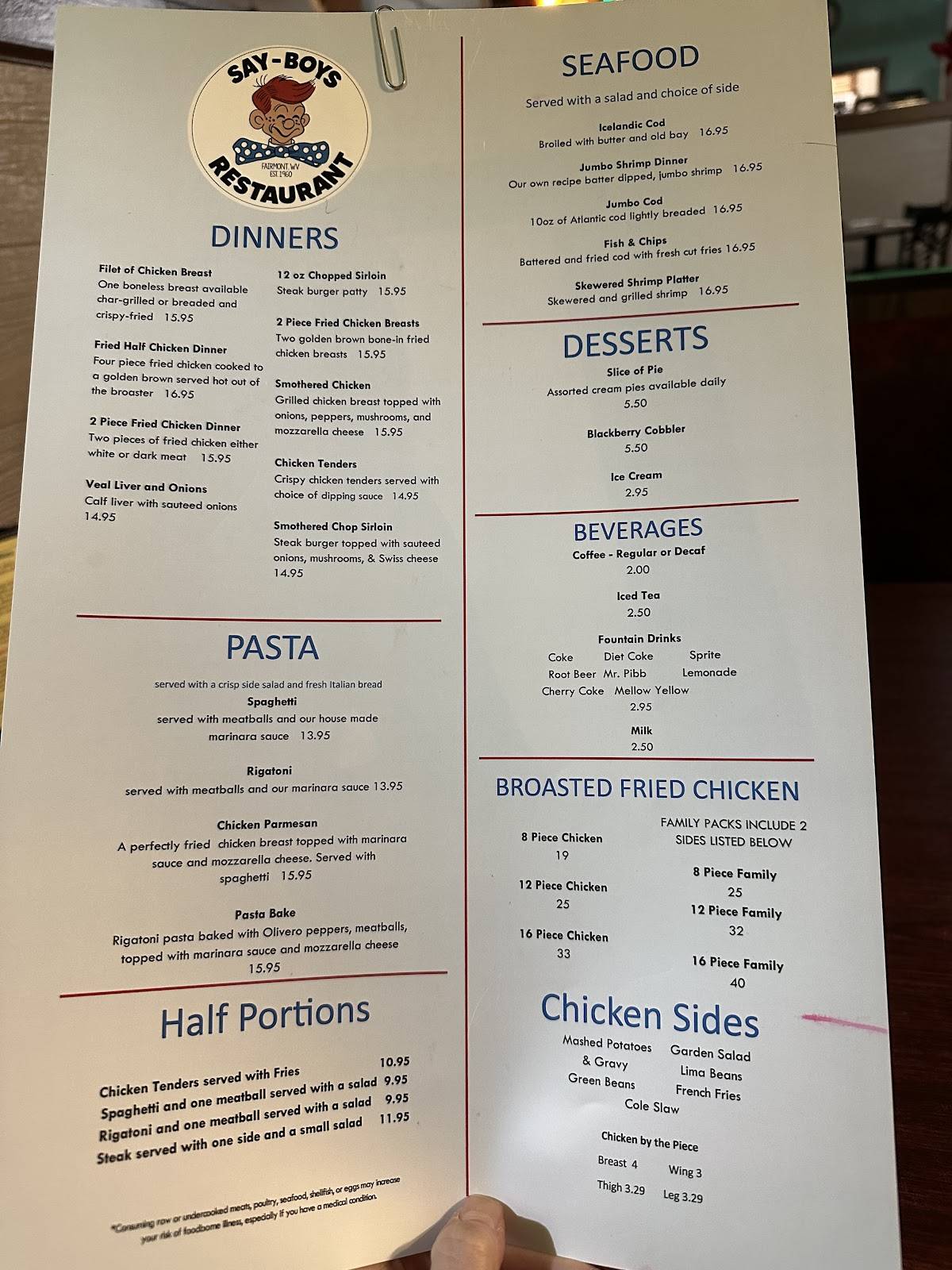 Menu at Say-Boy Restaurant, Fairmont