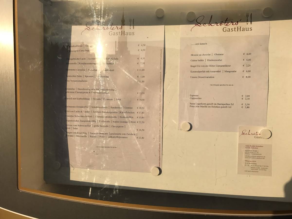 Menu at Schröters` GastHaus restaurant, Hilter