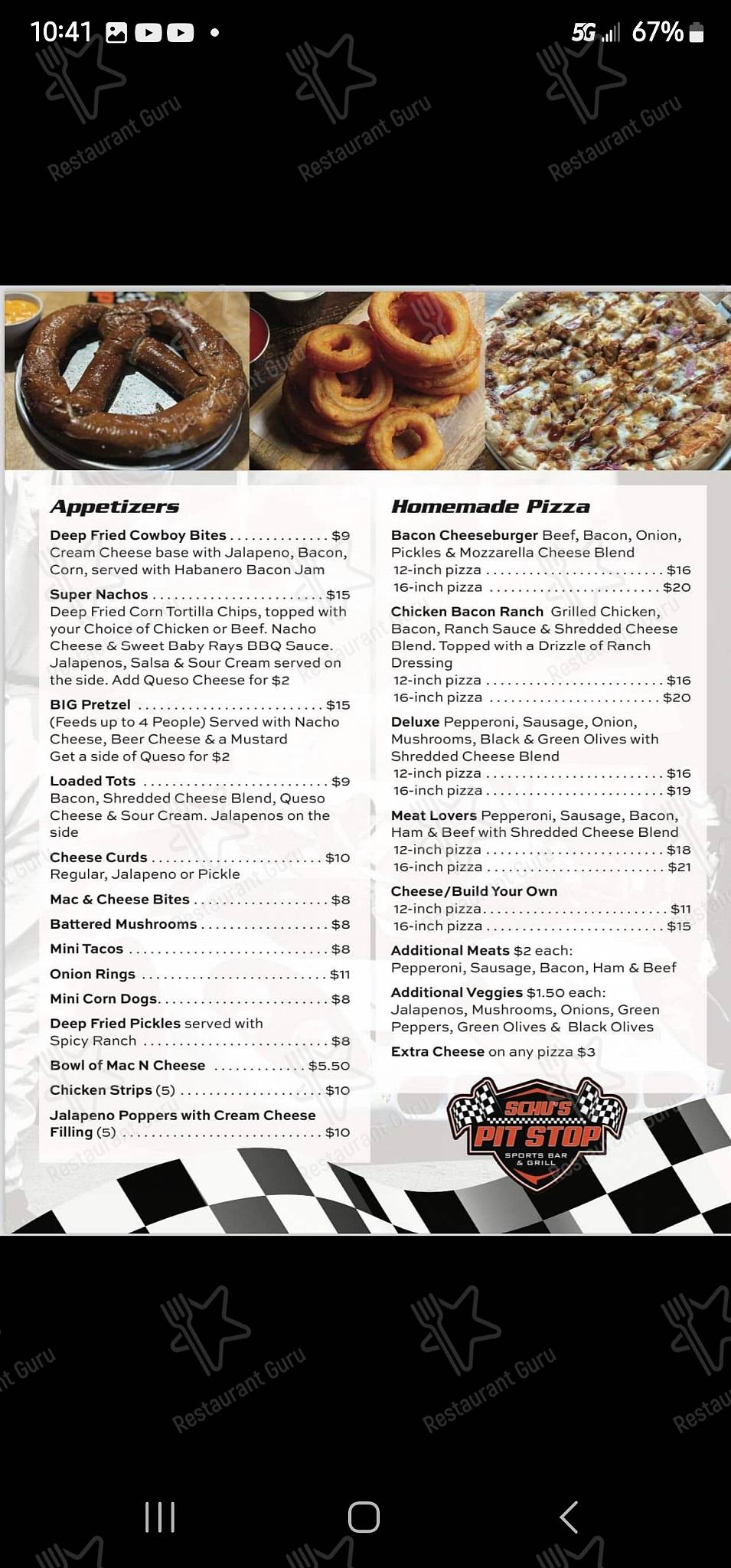 Menu at Schu's Pit Stop Sports Bar & Grill, Portage