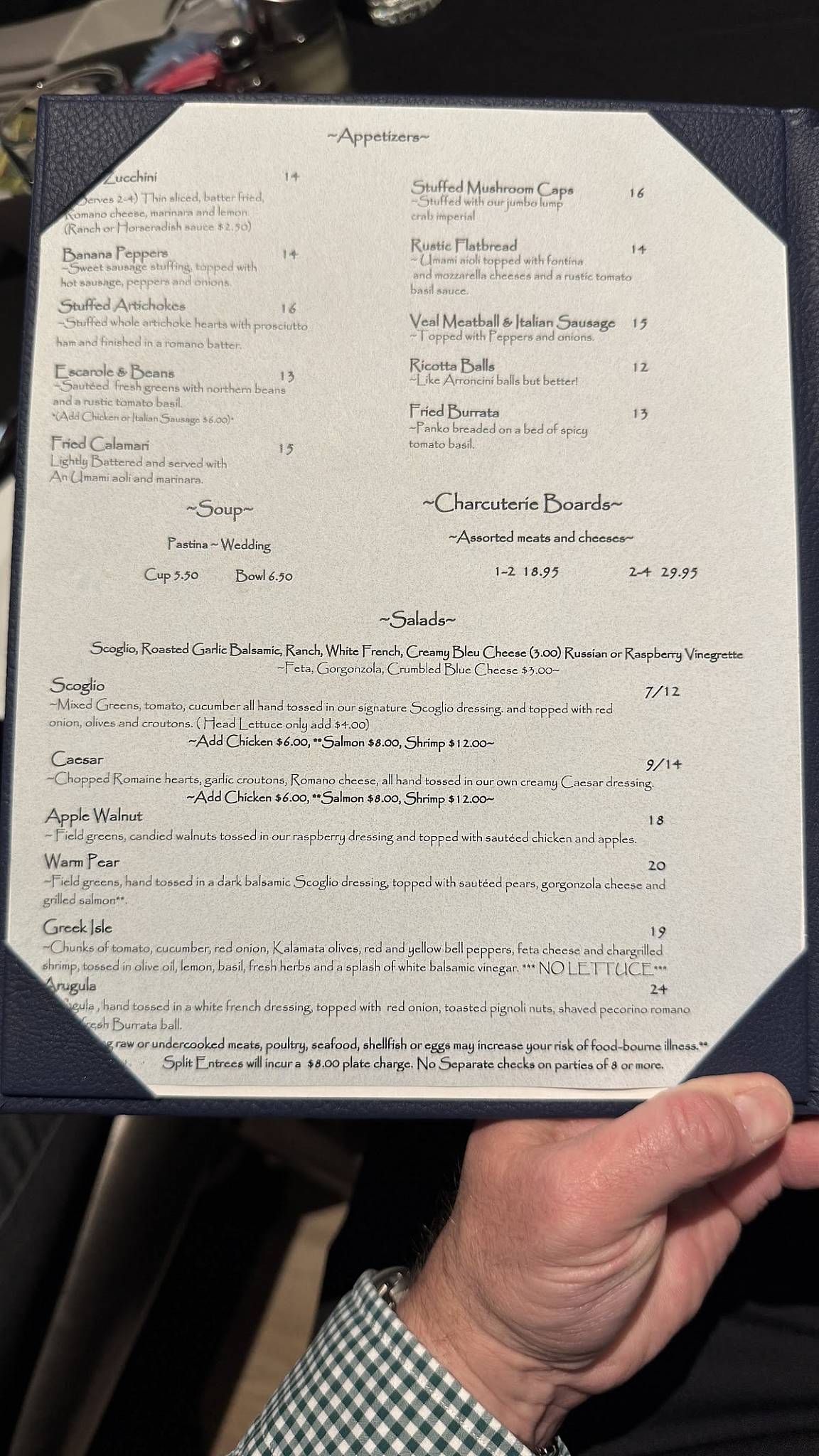Menu at Scoglio's USC restaurant, Pittsburgh