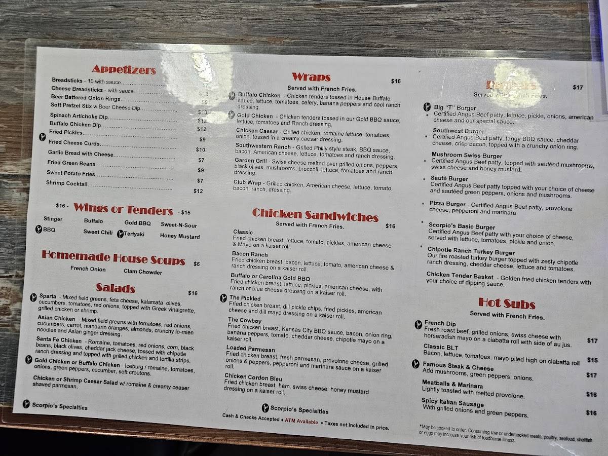 Menu at Scorpio's Pizzaria & Sports Pub, Lancaster
