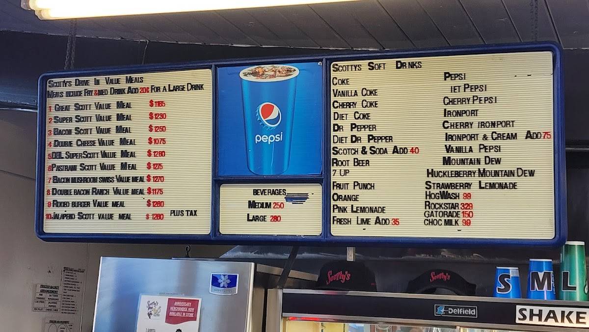 Menu at Scotty's Drive In restaurant, Idaho Falls