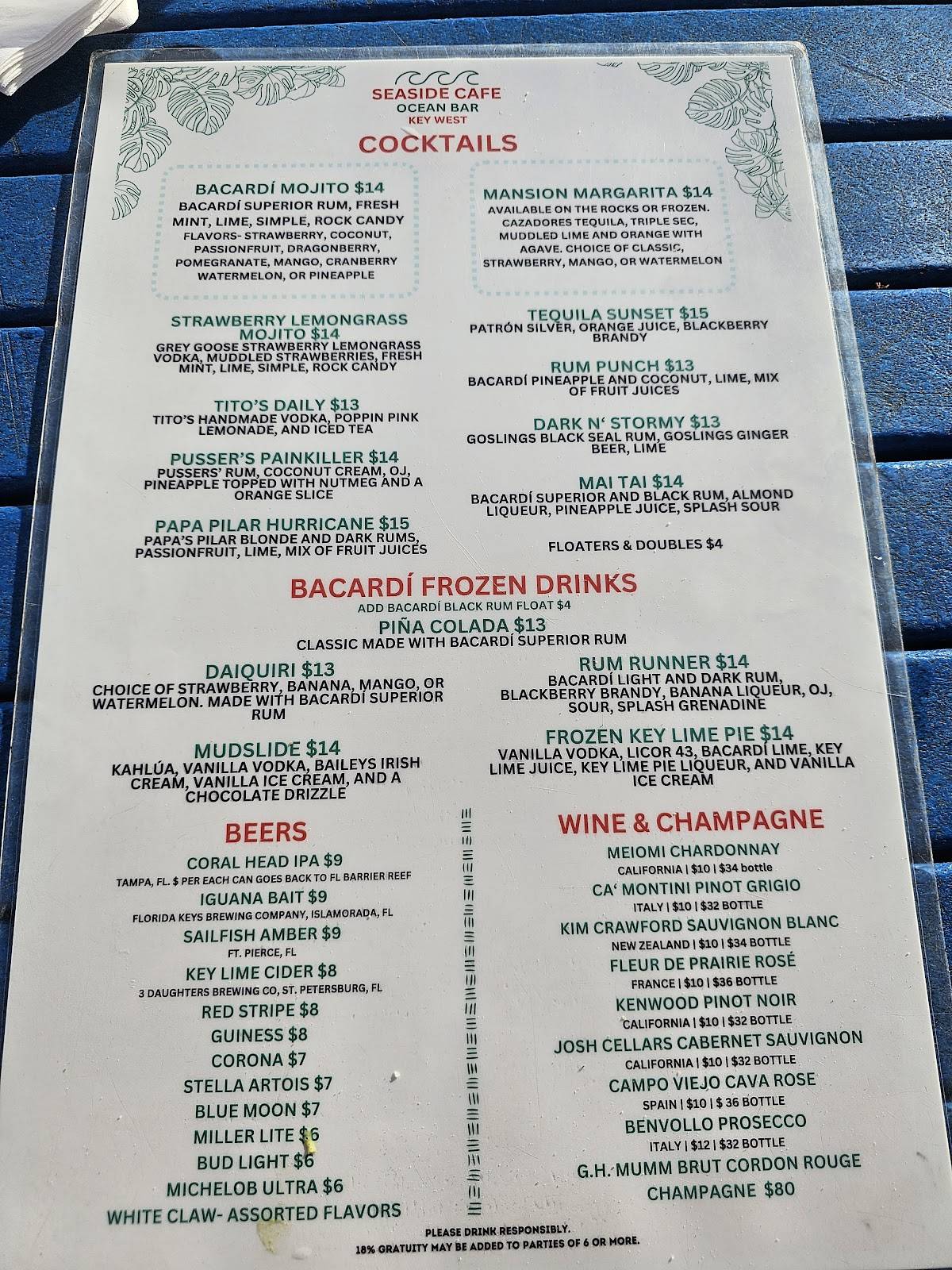 Menu at Seaside Cafe at the Mansion, Key West