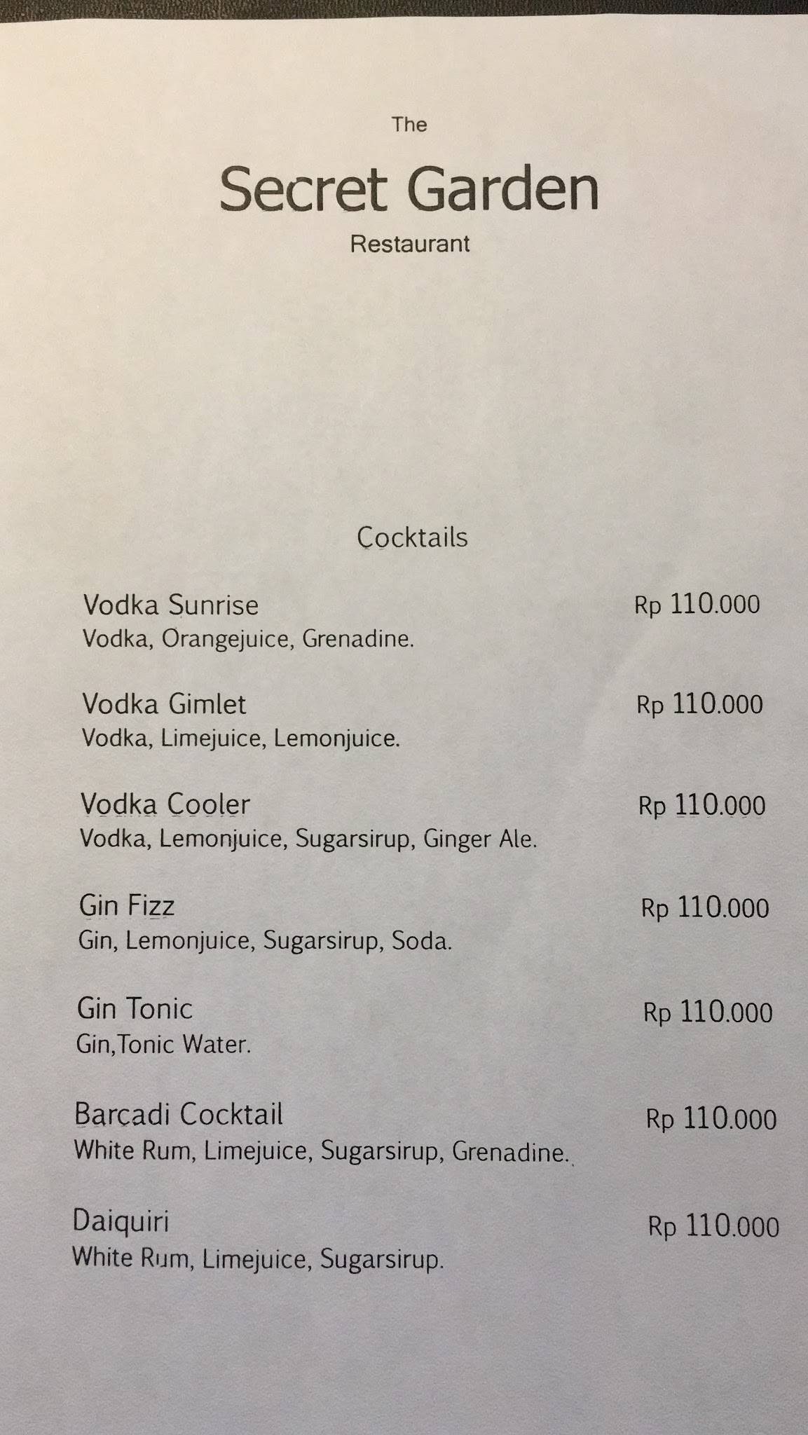 Menu at Secret Garden Restaurant, Anturan