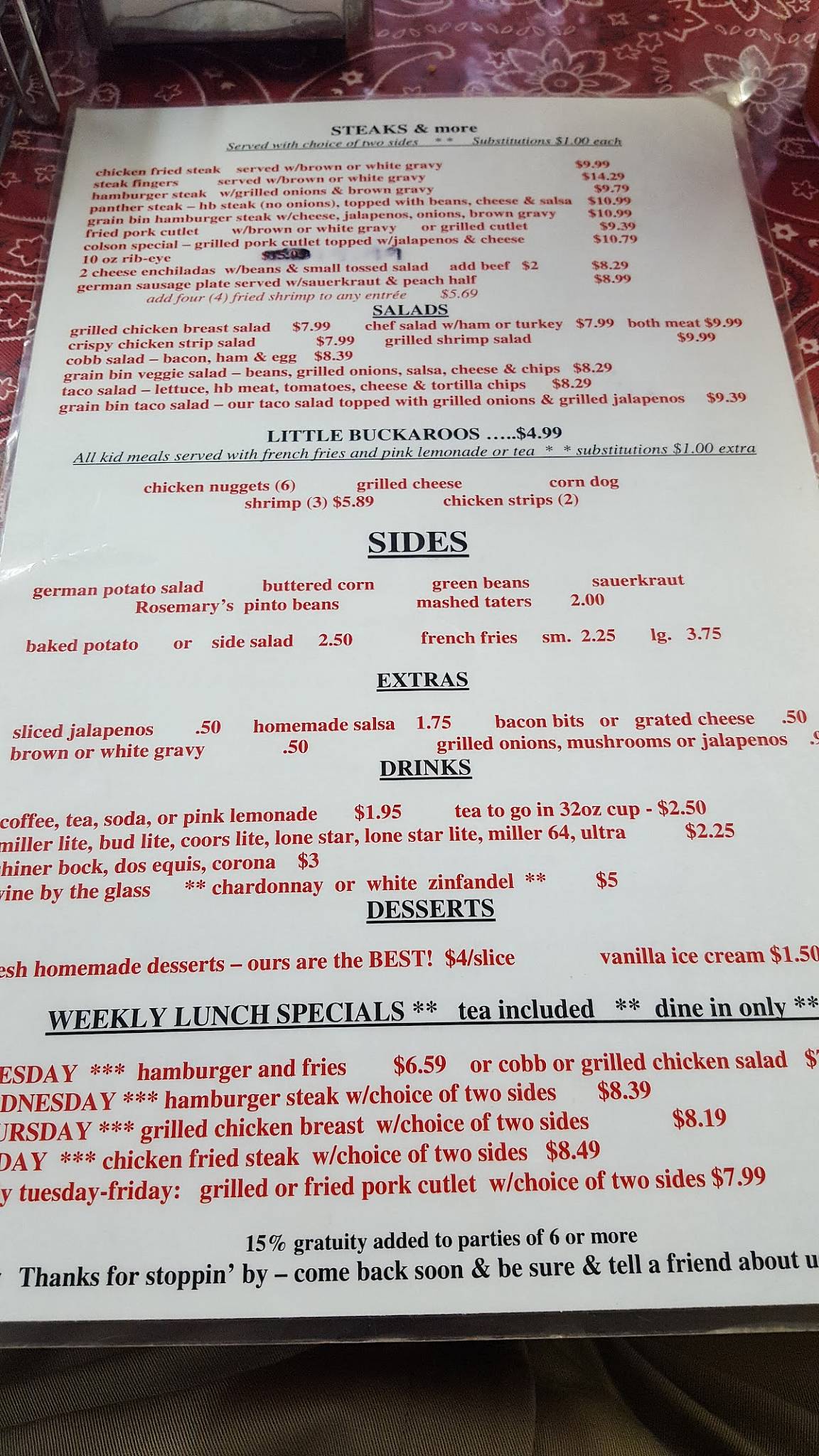 Menu at Grain Bin Cafe & Store, Seguin