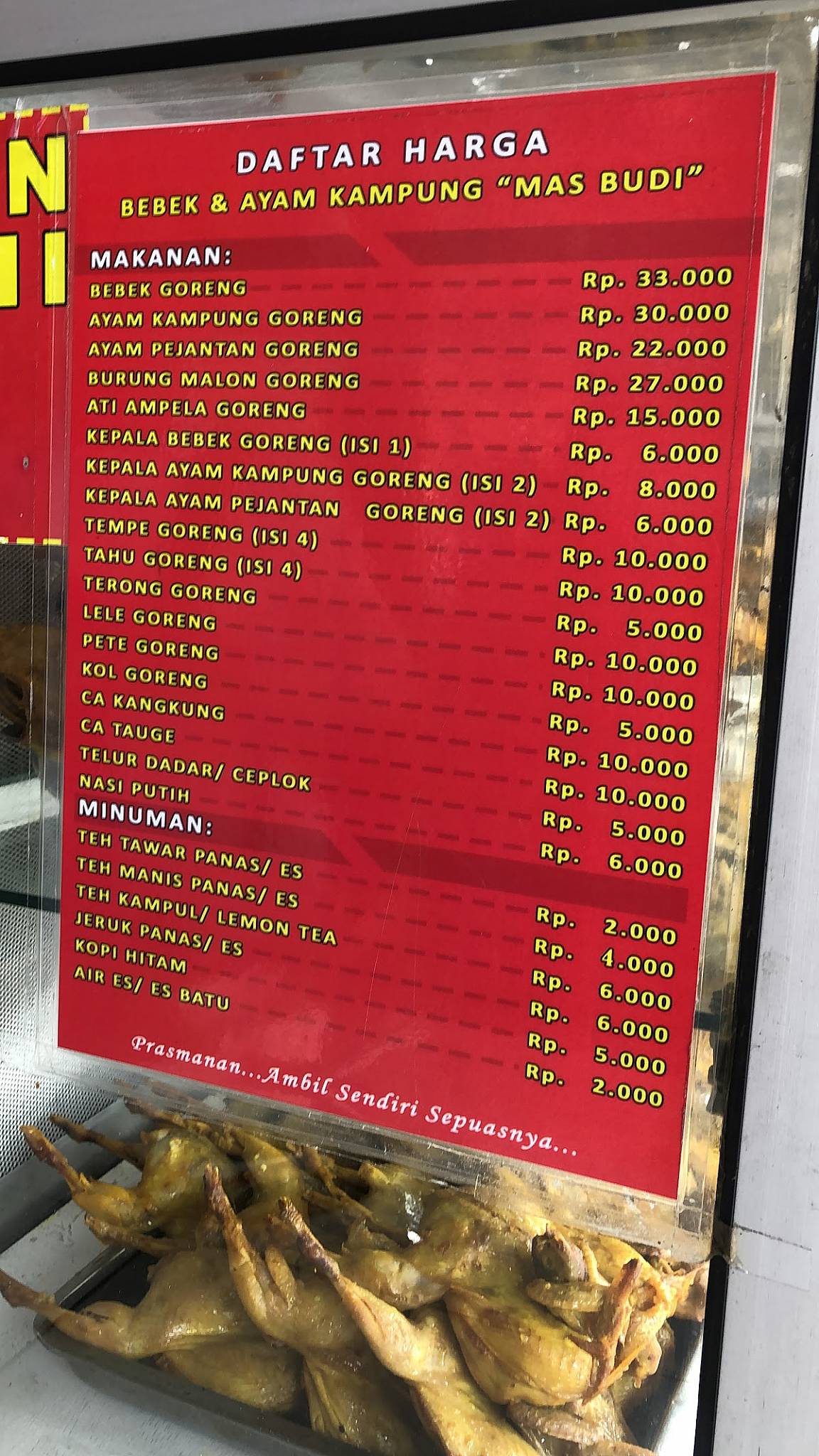 Menu at Bebek & Ayam Kampung MAS BUDI restaurant, Semarang, Jl. RA ...