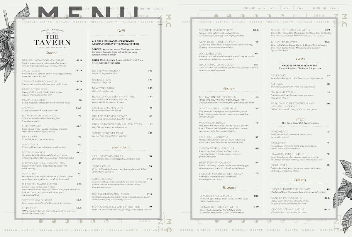 Menu at The Tavern restaurant, Semarang, Jl. Rinjani No.1