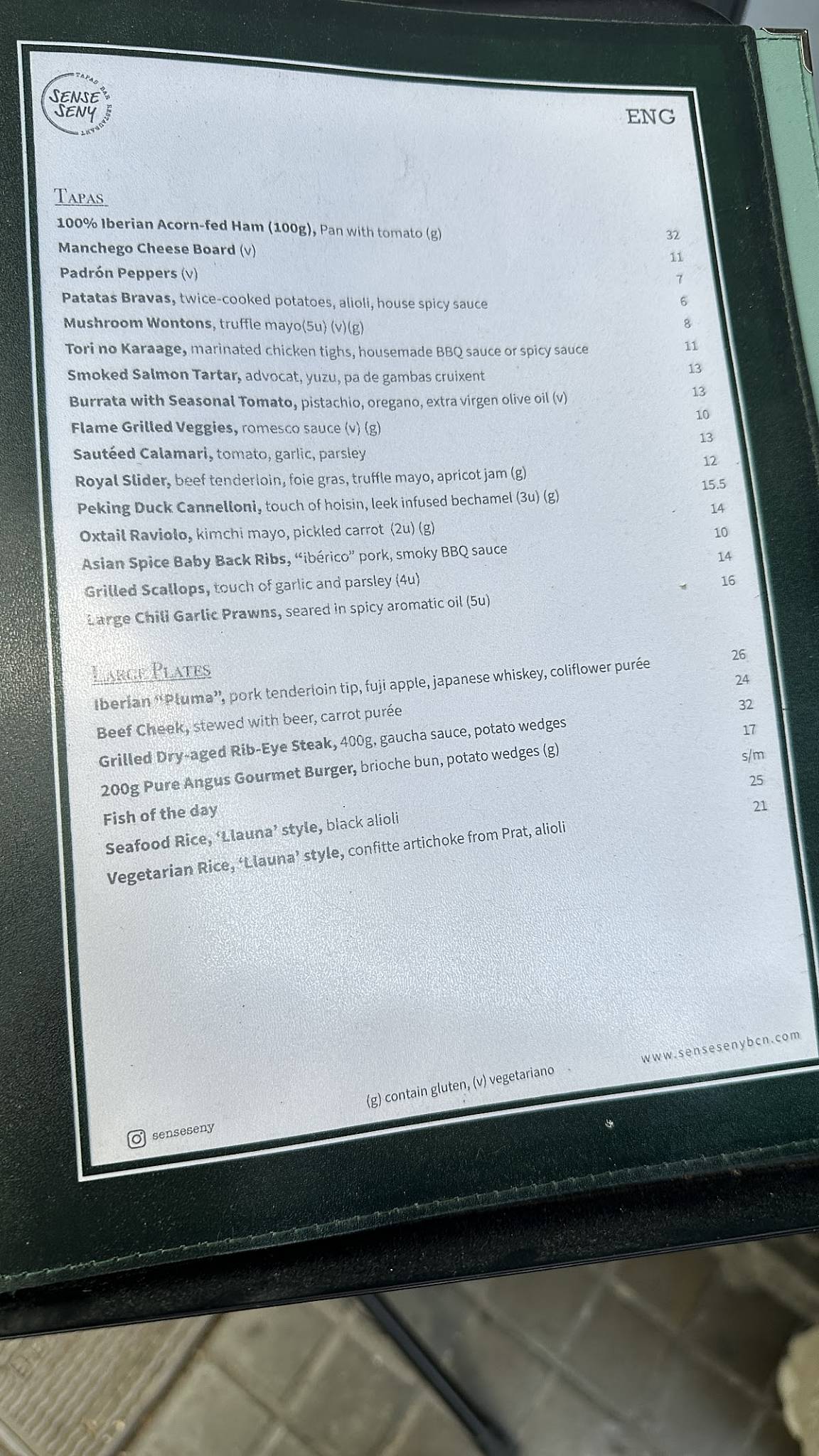 Carta de SENSE SENY Restaurante Barcelona, Barcelona