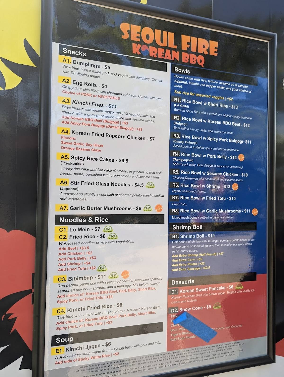 Menu at Seoul Fire Korean BBQ, Cypress
