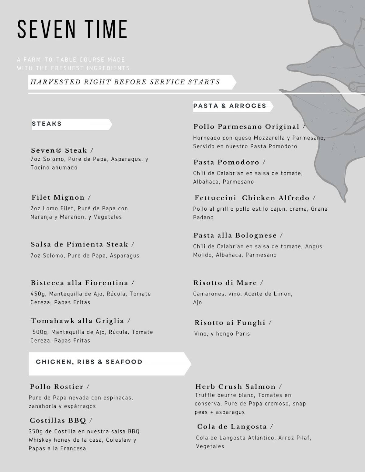Menu at Seven Kitchen and Bar, Colombia