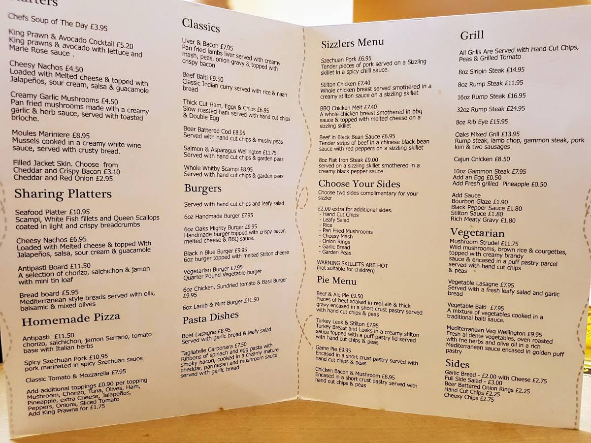 Menu at Seven Oaks Inn restaurant, Ilkeston