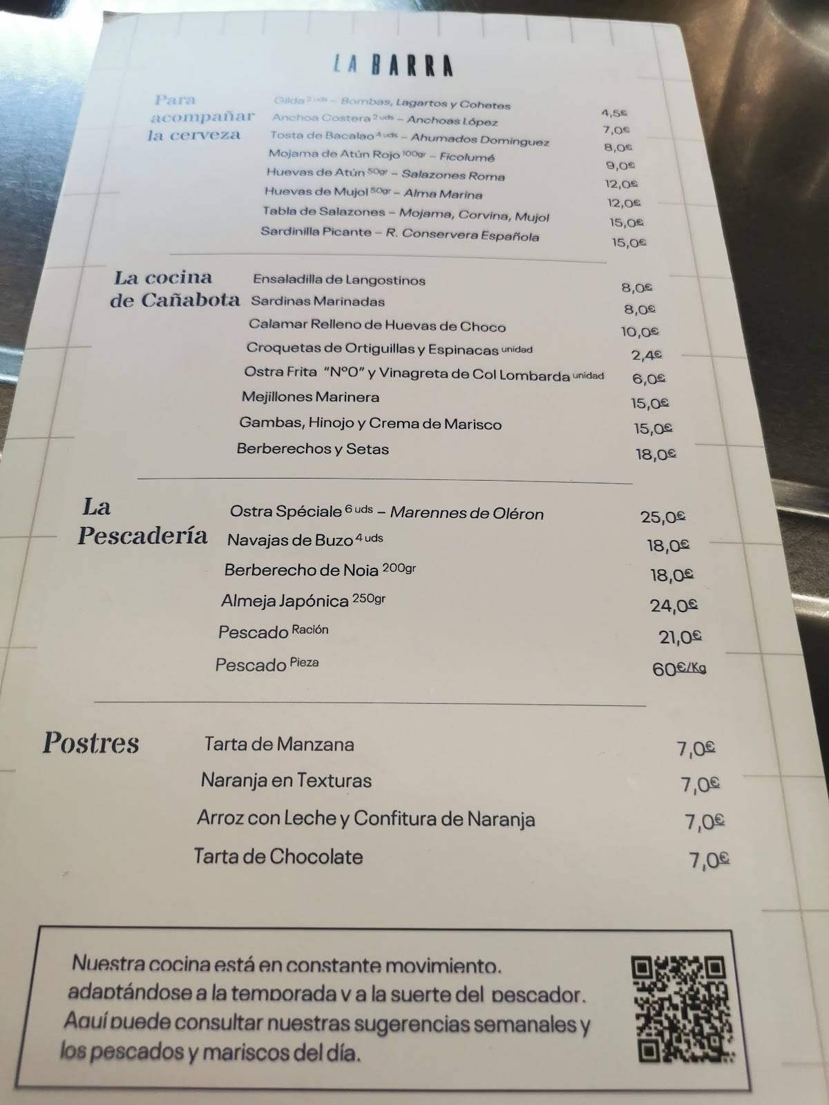 Menu at LA BARRA DE CAÑABOTA, Seville, C. Orfila