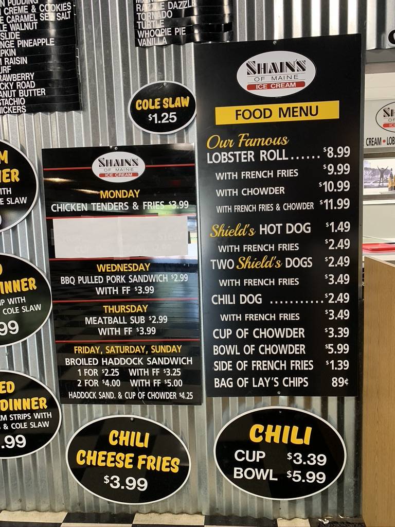 Menu at Shain's of Maine restaurant, Sanford