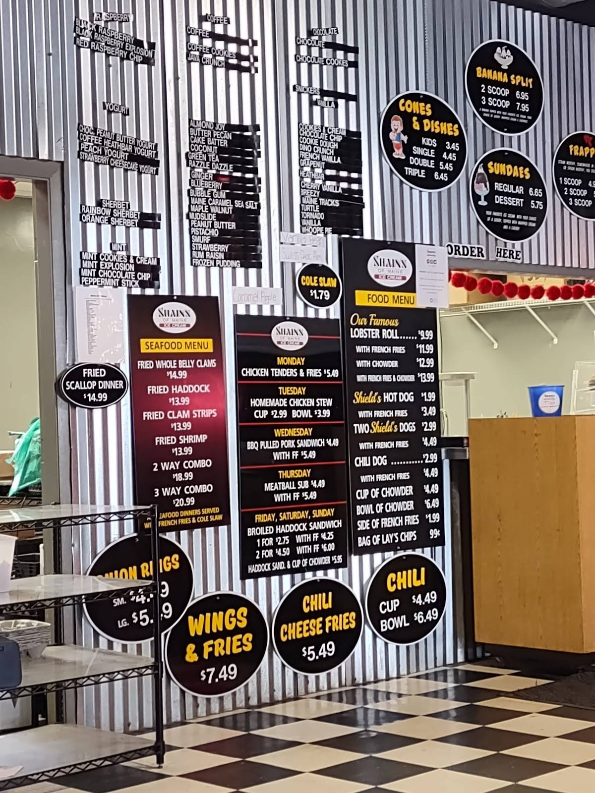 Menu at Shain's of Maine restaurant, Sanford