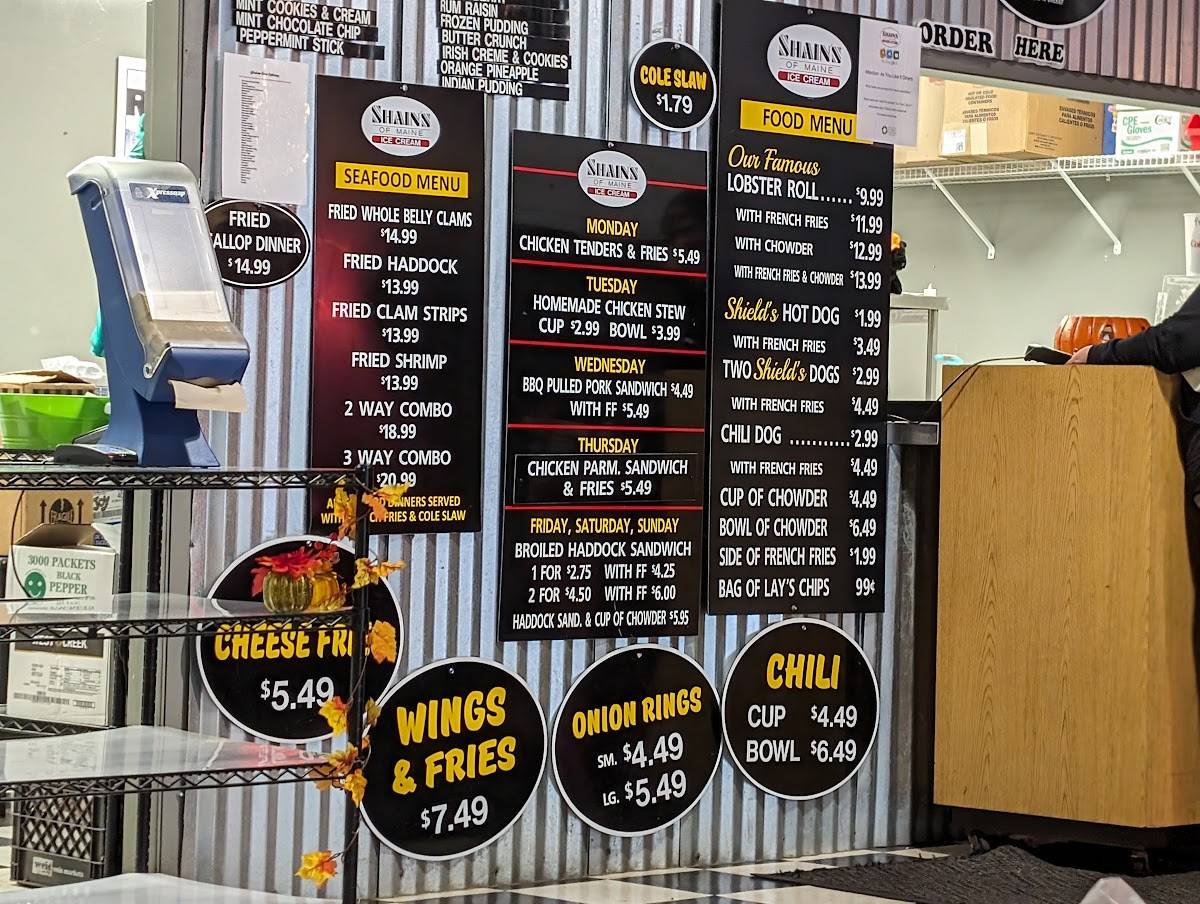 Menu at Shain's of Maine restaurant, Sanford