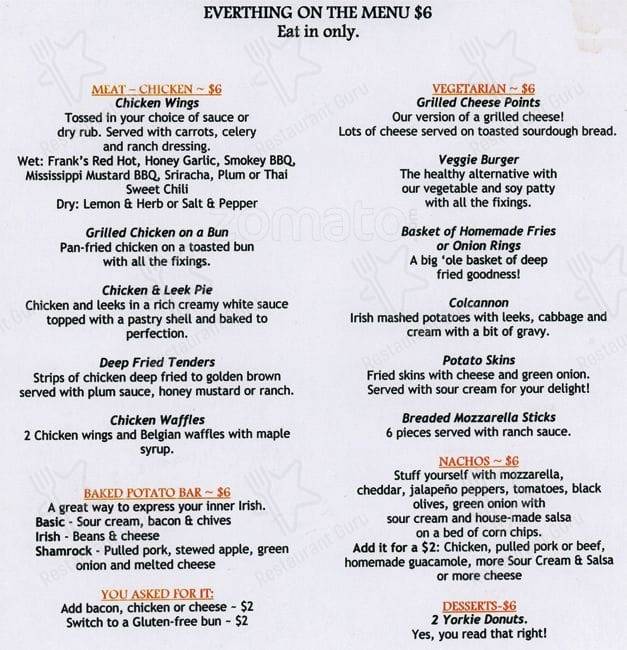 Menu at Shamrock Bar & Grill, Vancouver