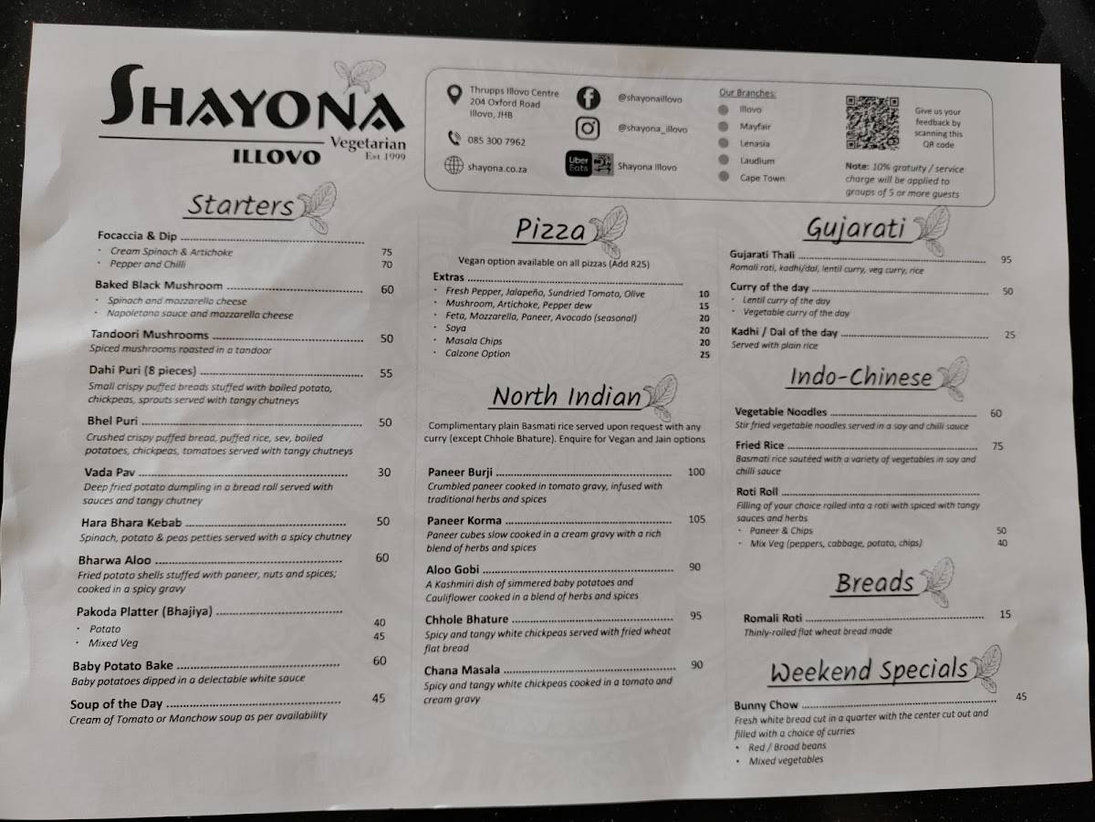 Menu au Shayona Illovo restaurant, Johannesburg