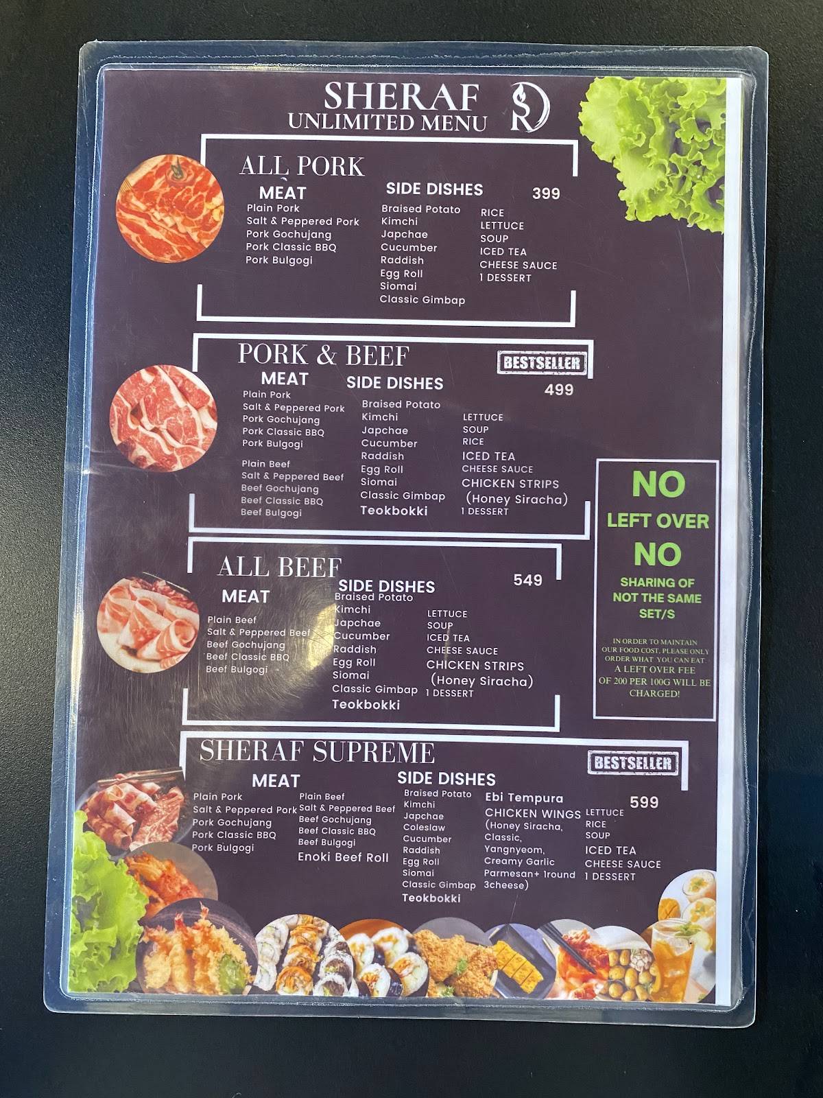 Menu at SheRaf Samgyupsal Bistro restaurant, Cebu City