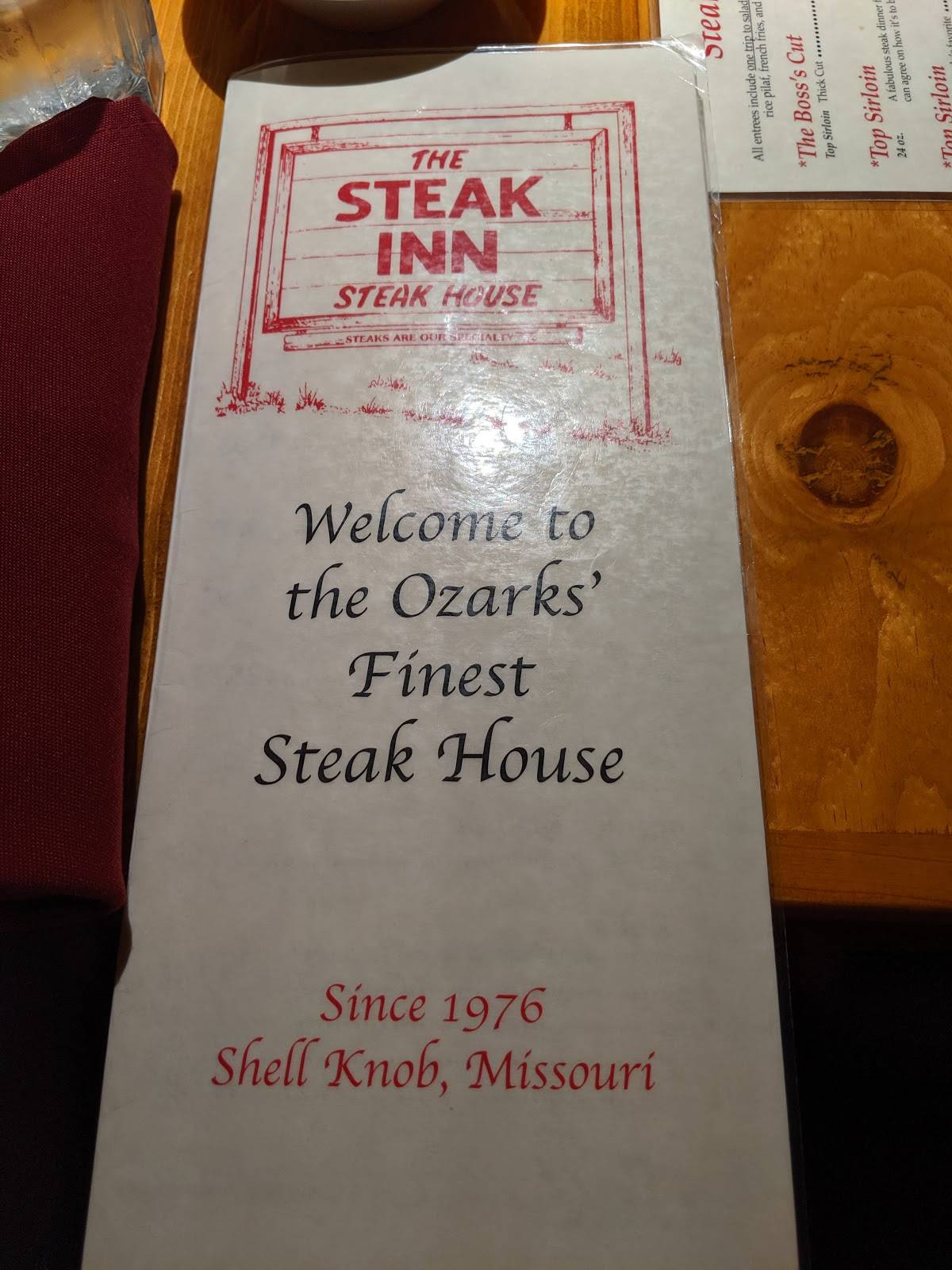 Menu at Steak Inn steakhouse, Shell Knob, Waters Edge Dr