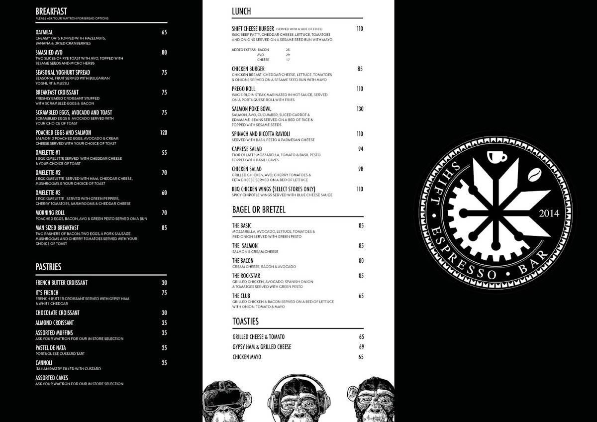 Menu at Shift Espresso bar Century City, Cape Town