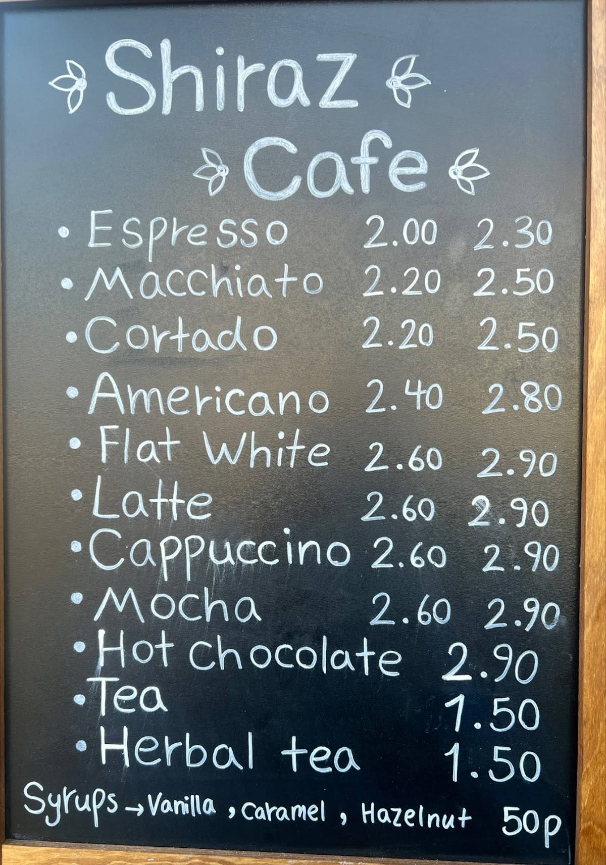 Menu at Shiraz cafe, London