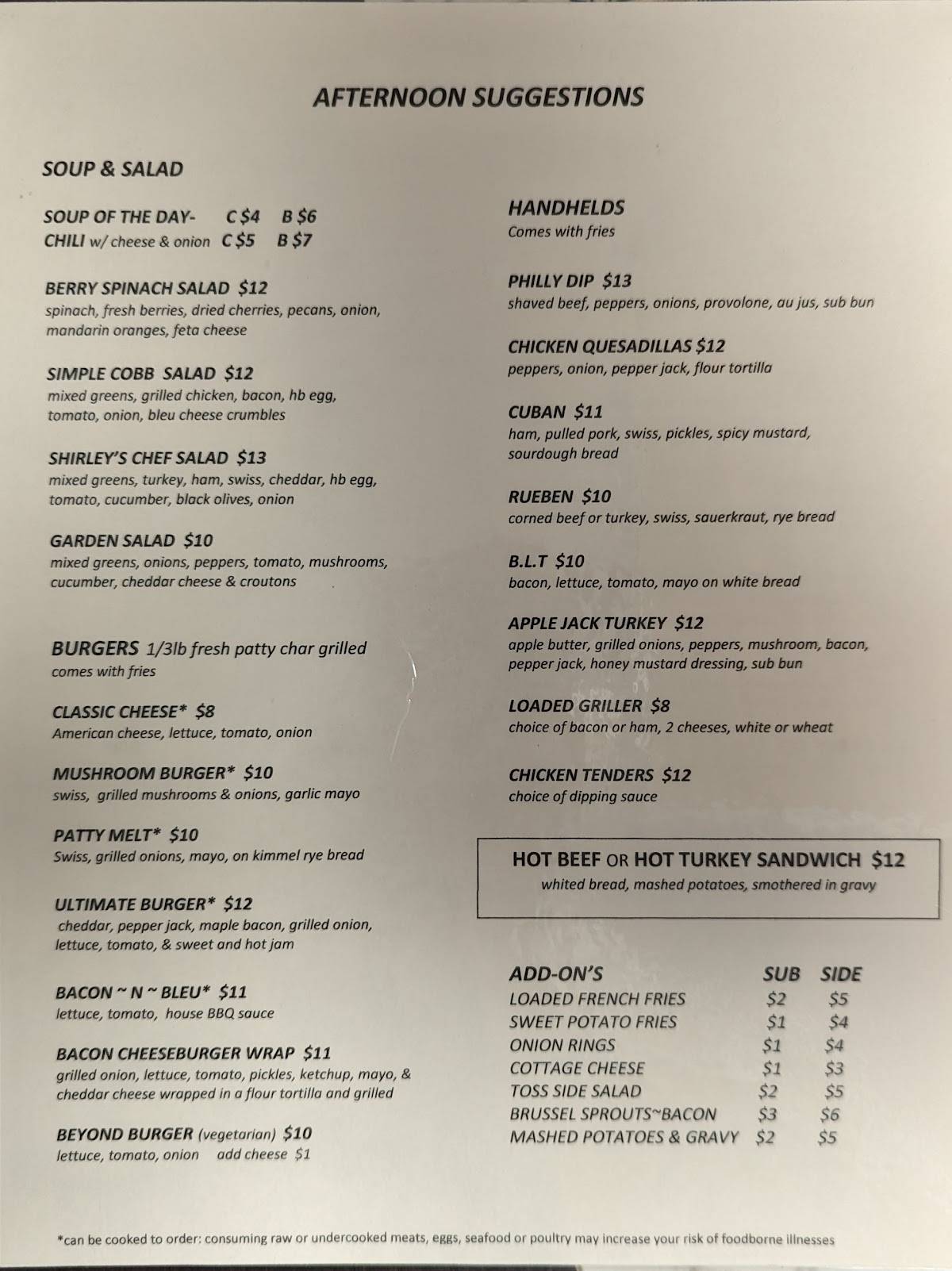 Menu at (Formerly) Shirley's Cafe, (renamed) The Hen's Den, Mancelona