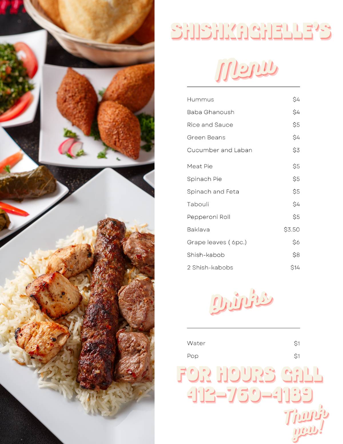 Menu at Shishka-Chelle's restaurant, Aliquippa
