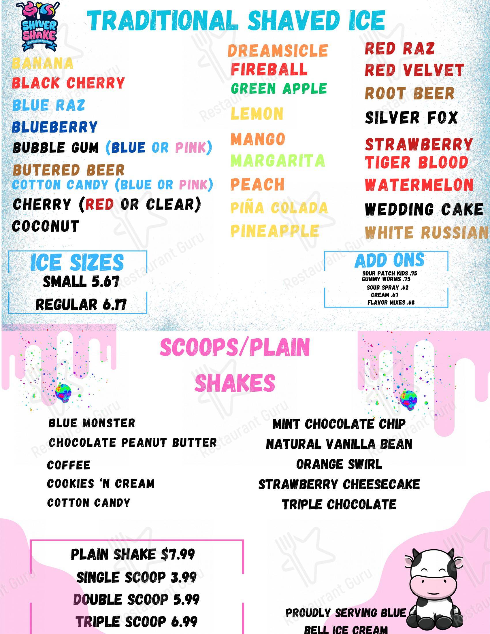 Menu at Shiver and Shake desserts, Pueblo West
