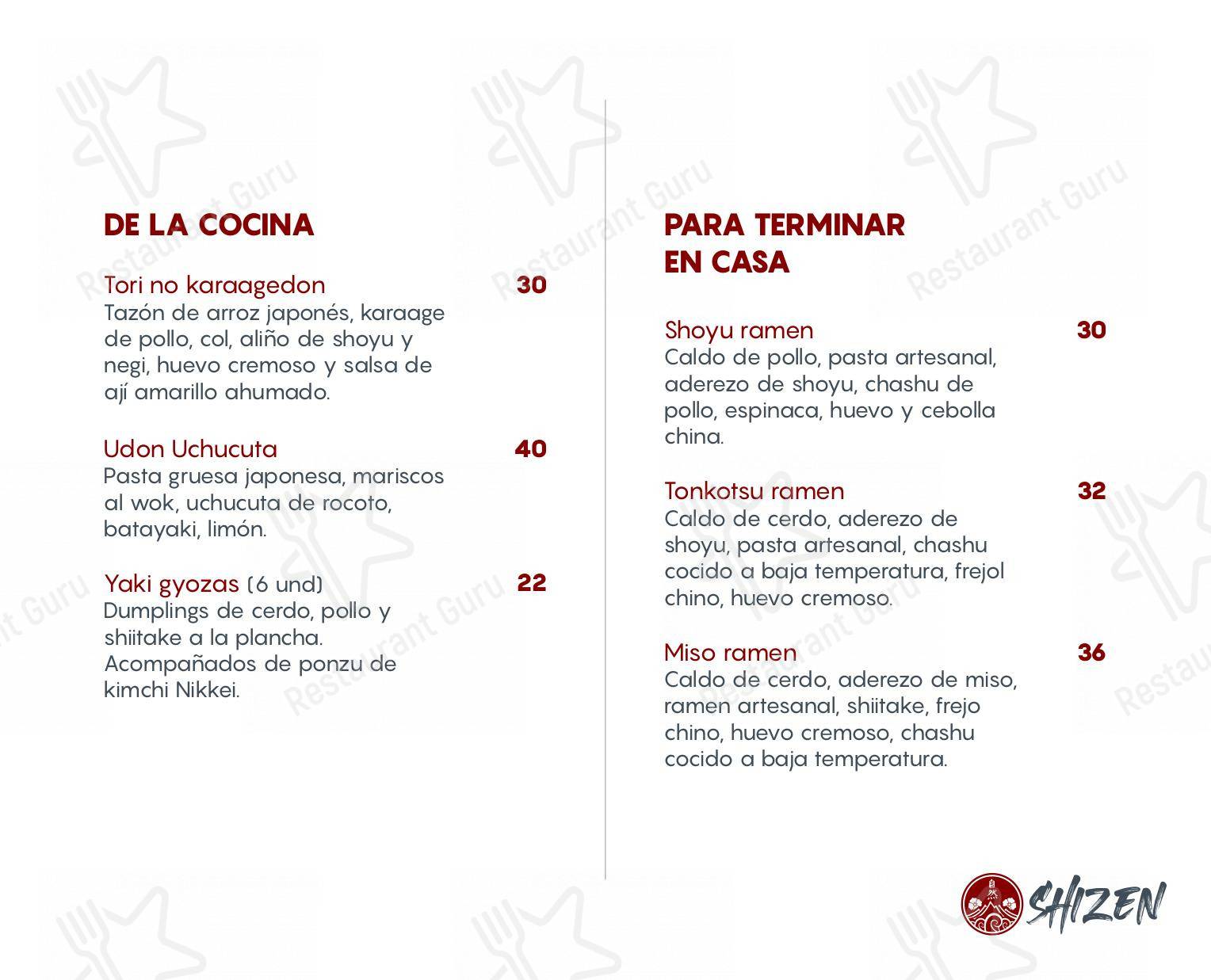 Carta de Shizen Restaurante Nikkei, San Isidro