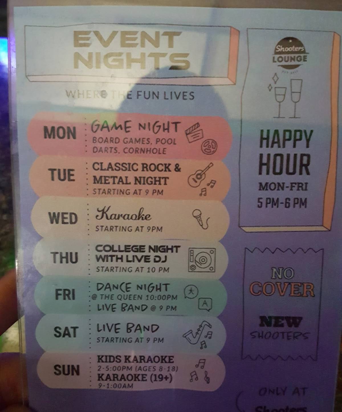 Menu at Shooters Downstairs Lounge pub & bar, Sault Ste. Marie