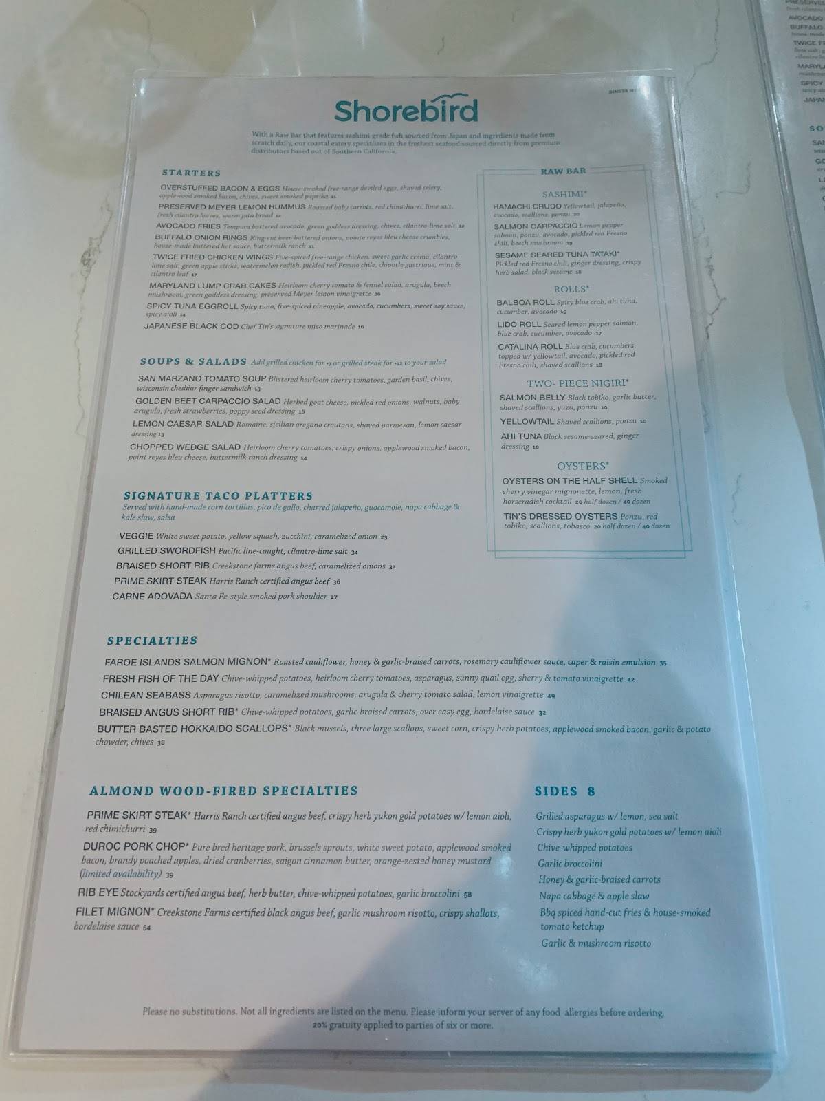 Menu at Shorebird restaurant, Sedona