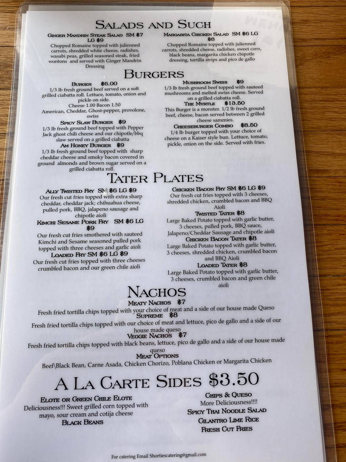 Menu at Shorties Grille restaurant, Bartlesville, 319 1/2 Dewey Ave
