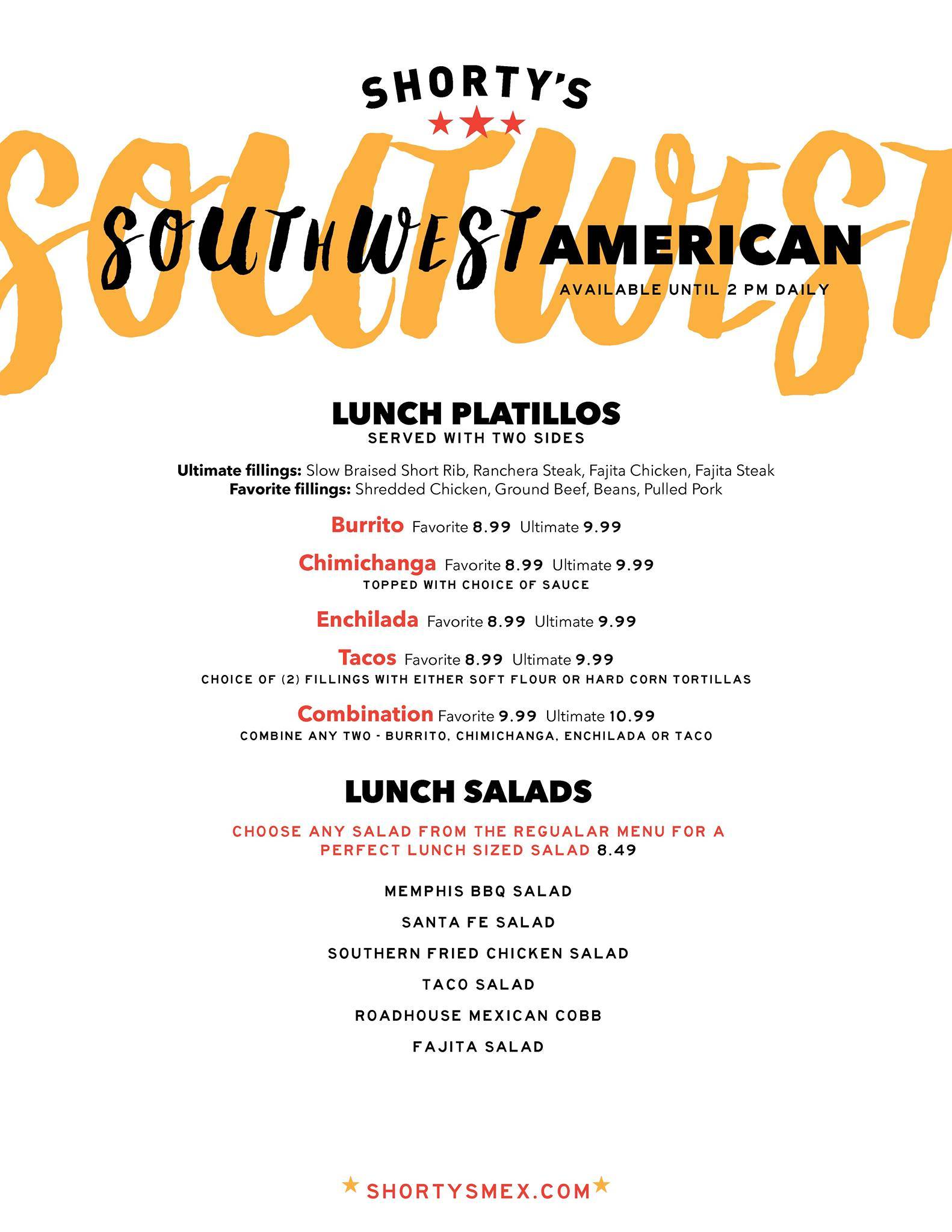 Menu at Shorty's Mexican Roadhouse pub & bar, Manchester, Bicentennial Dr