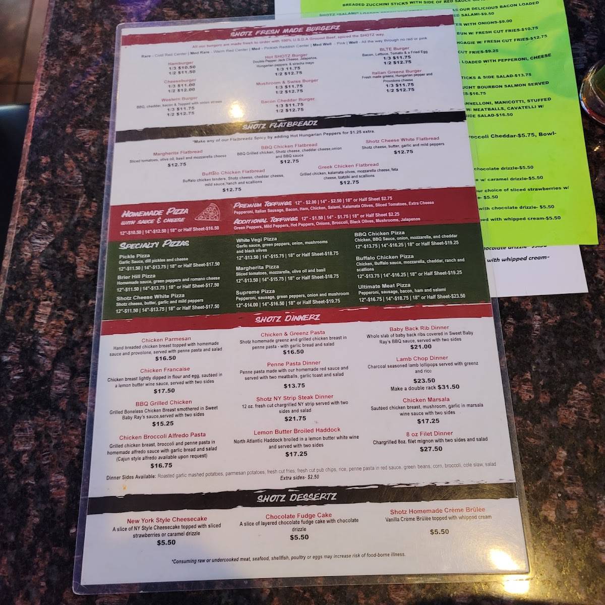 Menu at Shotz Bar & Grille, Austintown