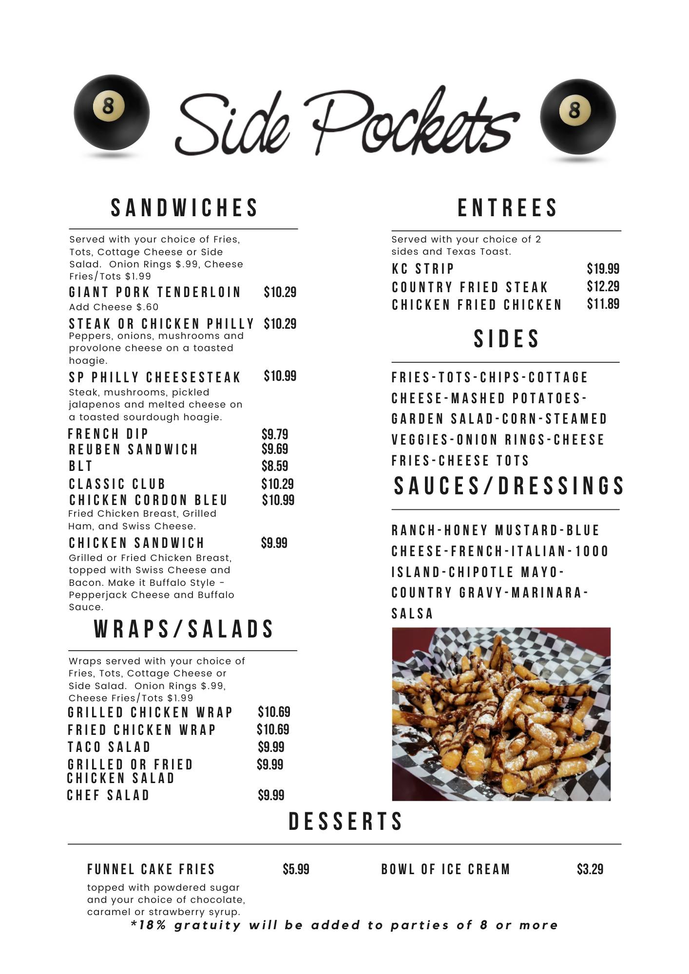 Menu at Side Pockets Restaurant & Sports Bar, Wichita, 614 S Tyler Rd